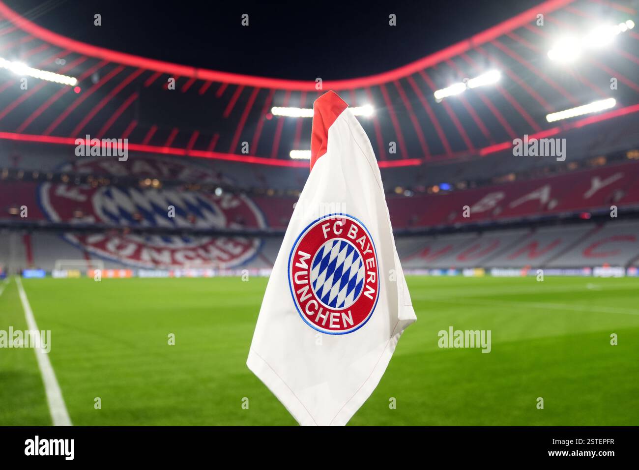 A general view of a Bayern Munich corner flag inside the Allianz Arena ...