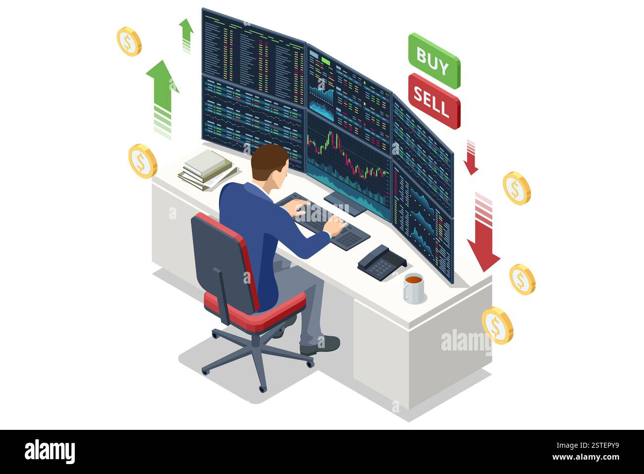 Isometric stock market seesaw with a bull and bear trader. Market ...