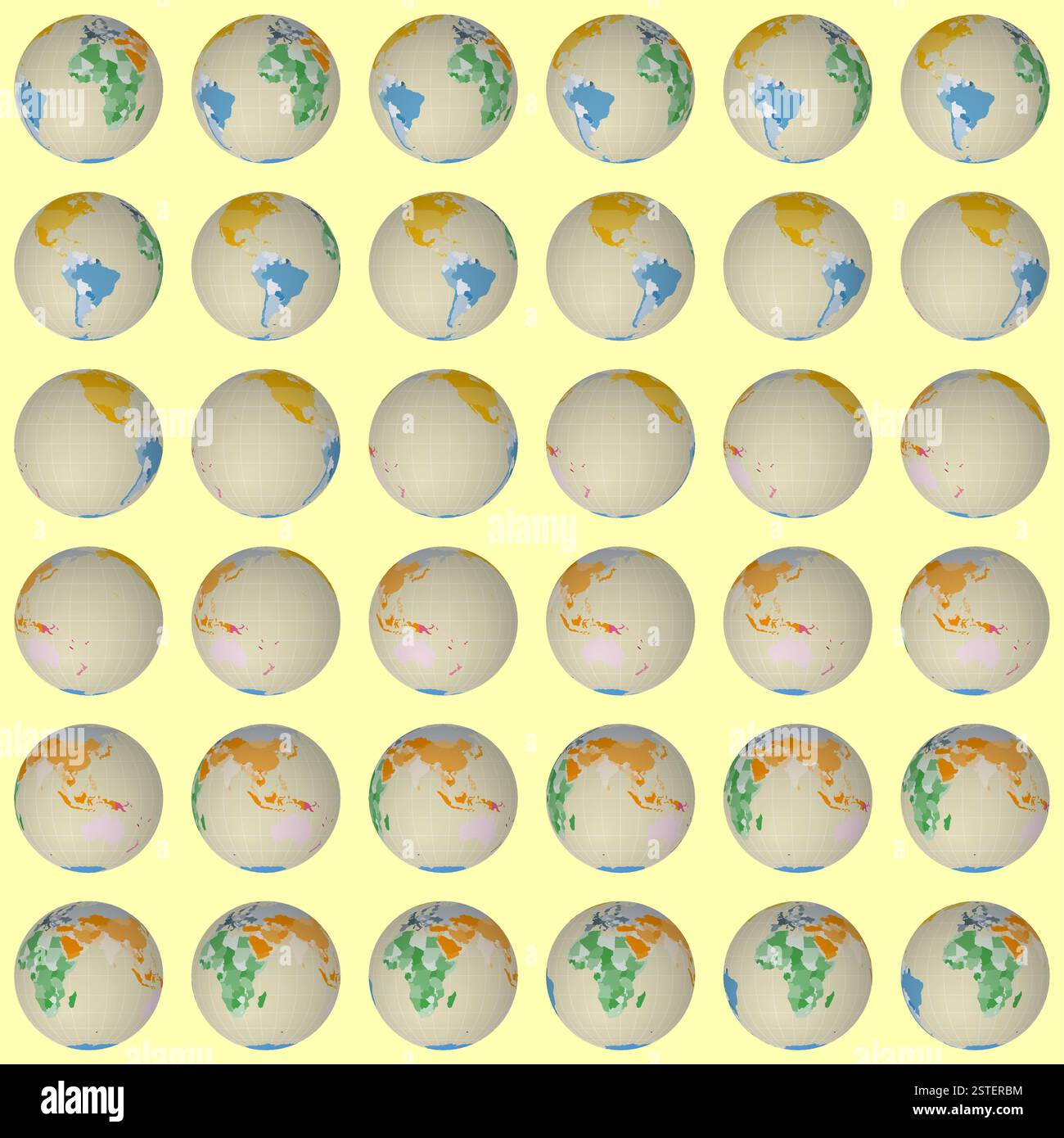 Collection of globes. Normal sphere view. Rotation step 10 degrees ...