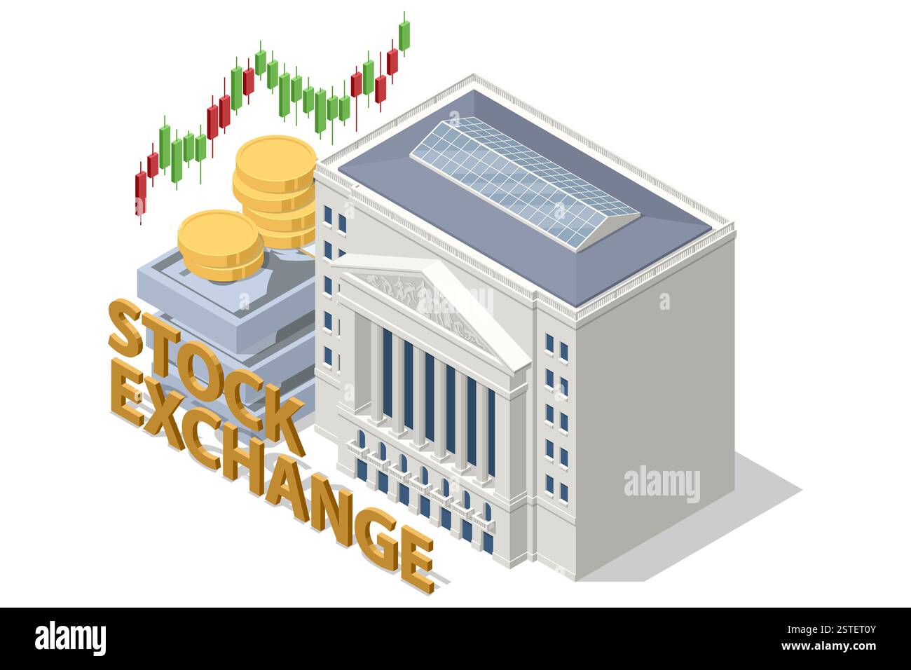 Isometric vector of a stock exchange building with large gold coins and ...