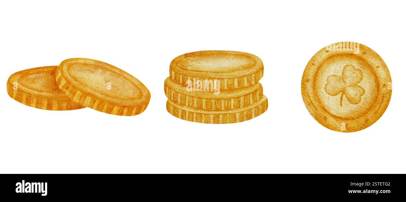 Hand drawn watercolor illustration of gold coins. Realistic style, warm ...