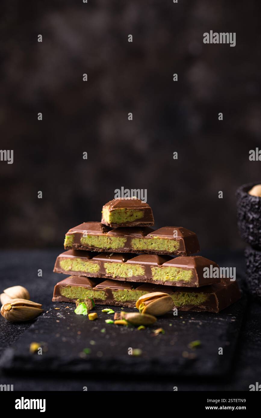 Dubai chocolate with kadayif pistachio filling Stock Photo - Alamy