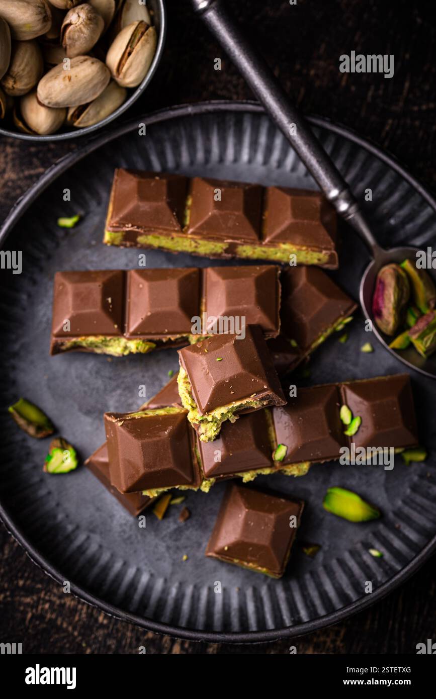 Dubai chocolate with kadayif pistachio filling Stock Photo - Alamy