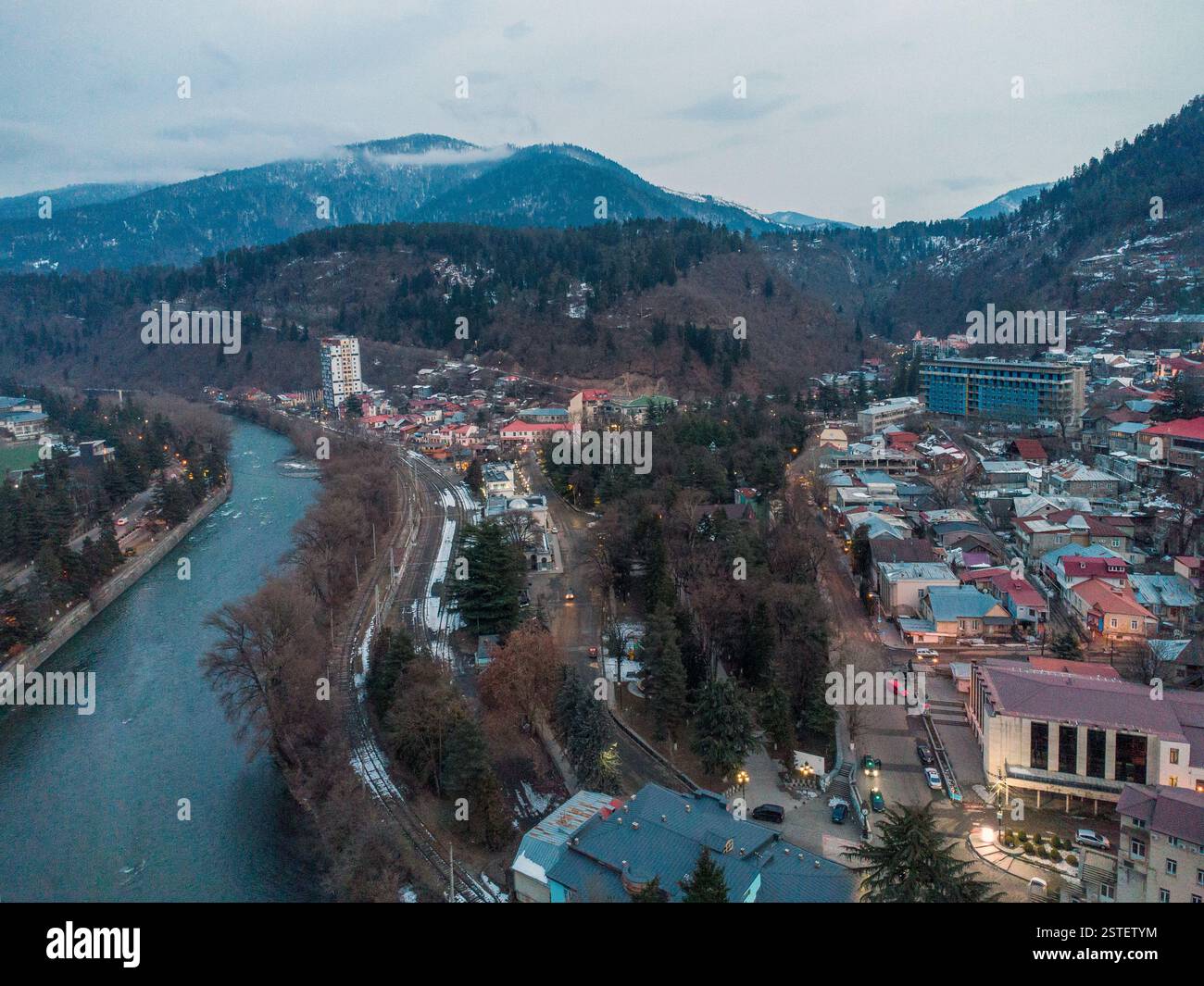 Sunrise view on Kura river and Borjomi town . There famous Borjomi ...