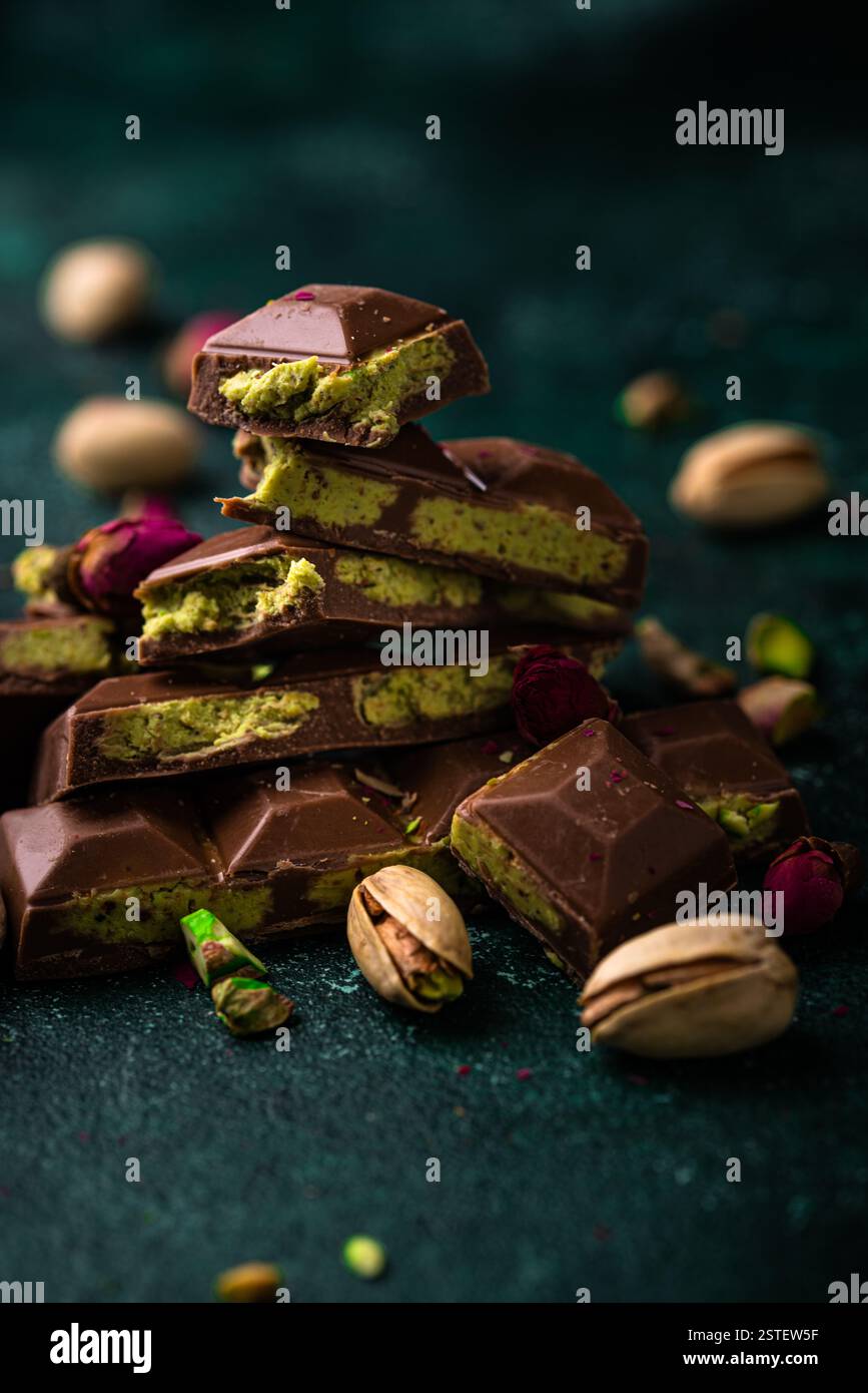 Dubai chocolate with kadayif pistachio filling Stock Photo - Alamy