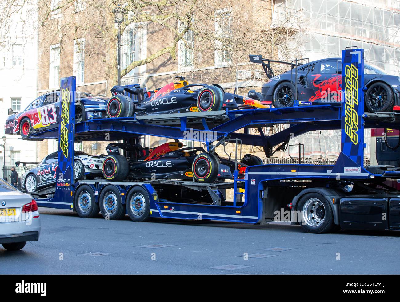 London, England, UK. 18th Feb, 2025. Red Bull Racing convoy drive ...