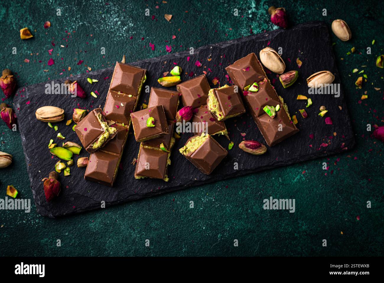 Dubai chocolate with kadayif pistachio filling Stock Photo - Alamy