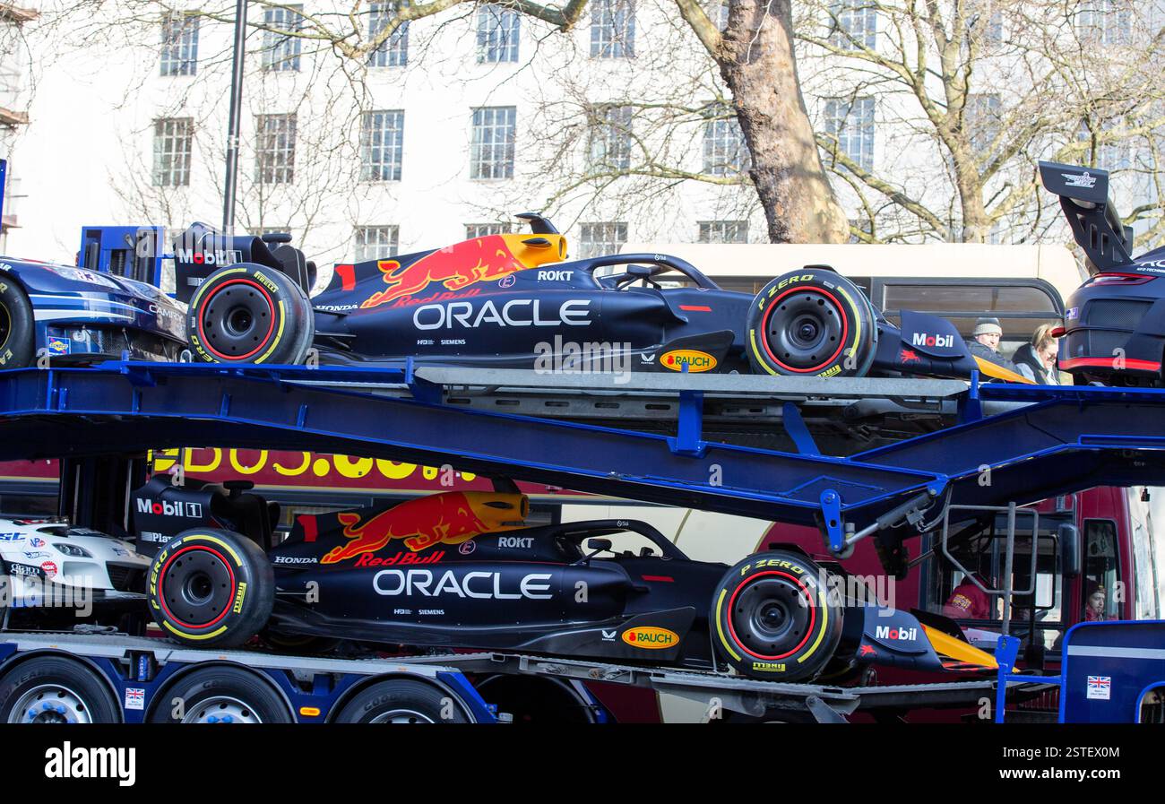 London, England, UK. 18th Feb 2025. Red Bull Racing convoy drive ...
