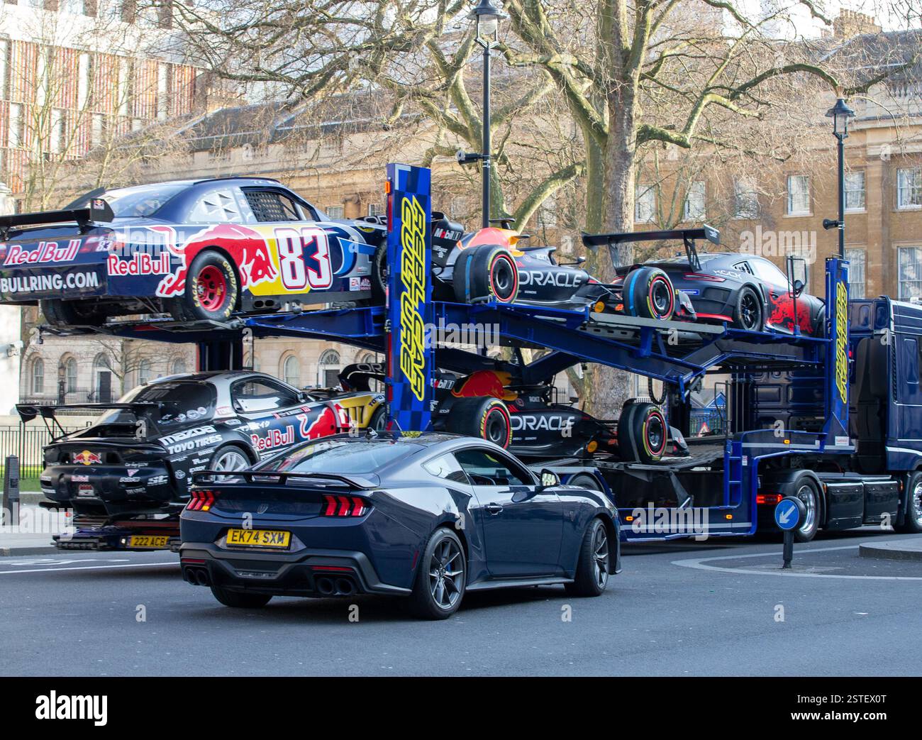 London, England, UK. 18th Feb, 2025. Red Bull Racing convoy drive ...
