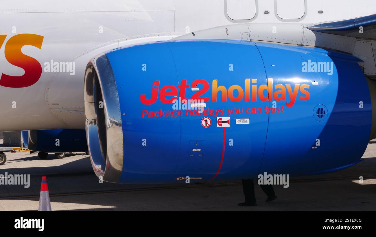 The jet engine on a Jet2.com Boeing 737-800 as it prepares to fly from ...