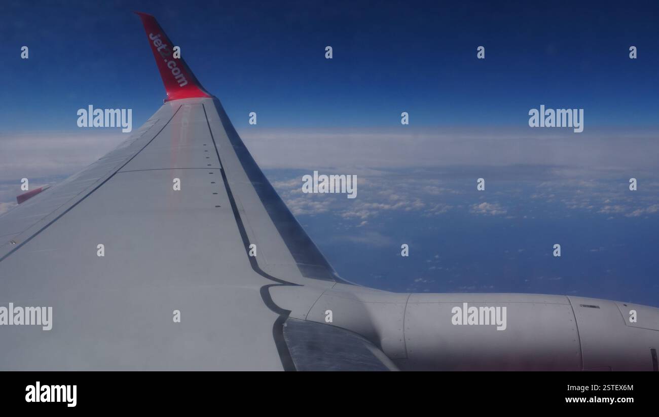 The wing of a Jet2Holidays Boeing 737-800 during the flight from London ...
