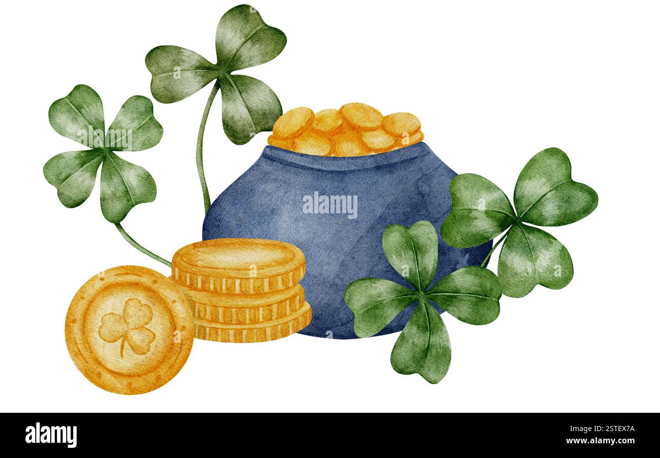 Watercolor illustration of a pot of gold with shamrocks and lucky coins ...