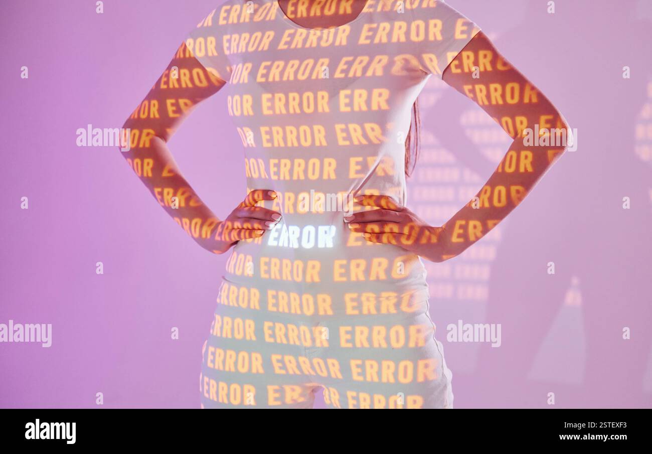 Error, word. Beautiful young woman is in projector neon lights in the ...