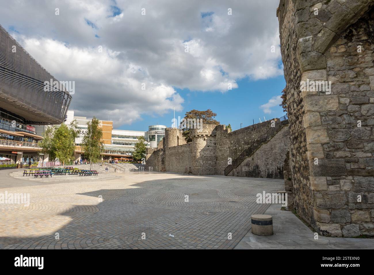 Section Of The Old Ancient City Wall In Southampton U.K. England Next To The Modern West Quay ...