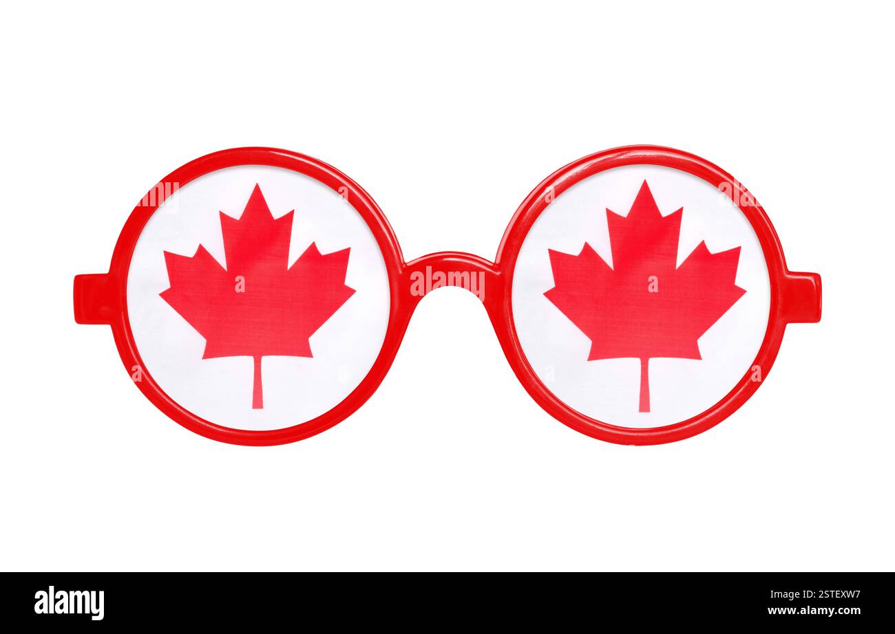 Red round novelty eyeglasses with canadian red maple leaf flag isolated ...