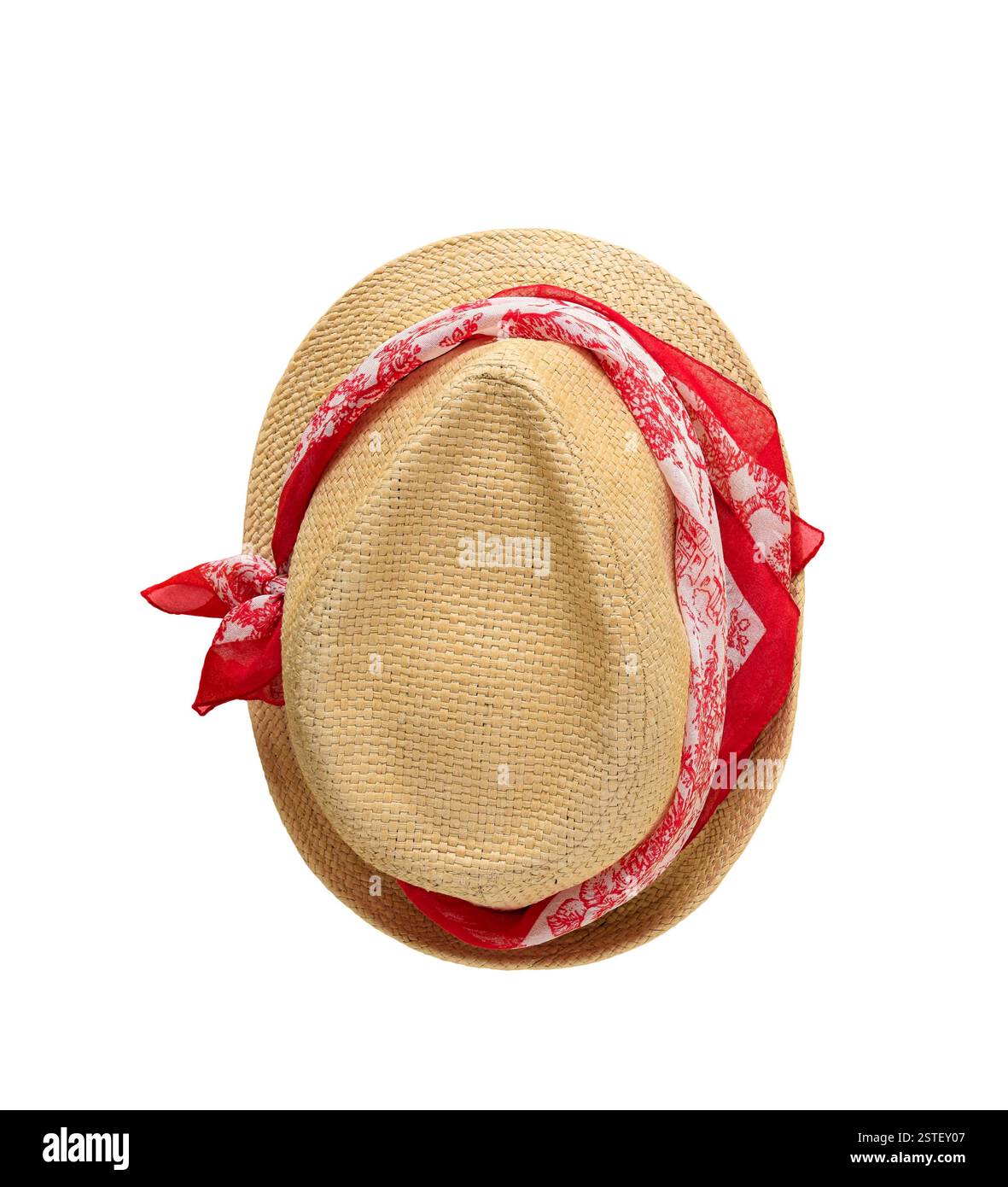 Top view of yellow straw fedora hat with wrapped red scarf isolated ...