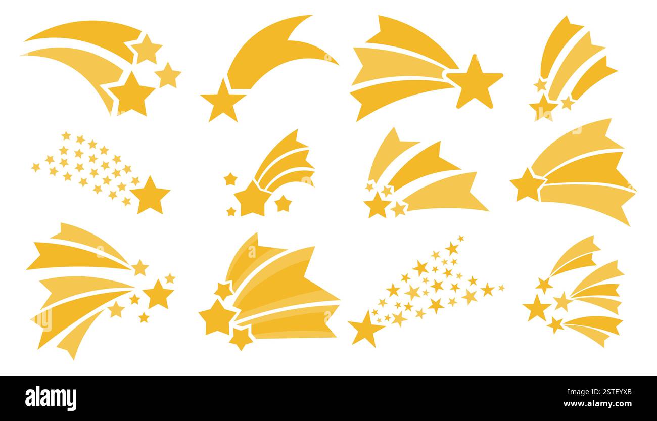 Shooting stars icons set, flying star with comet tail, set of falling ...