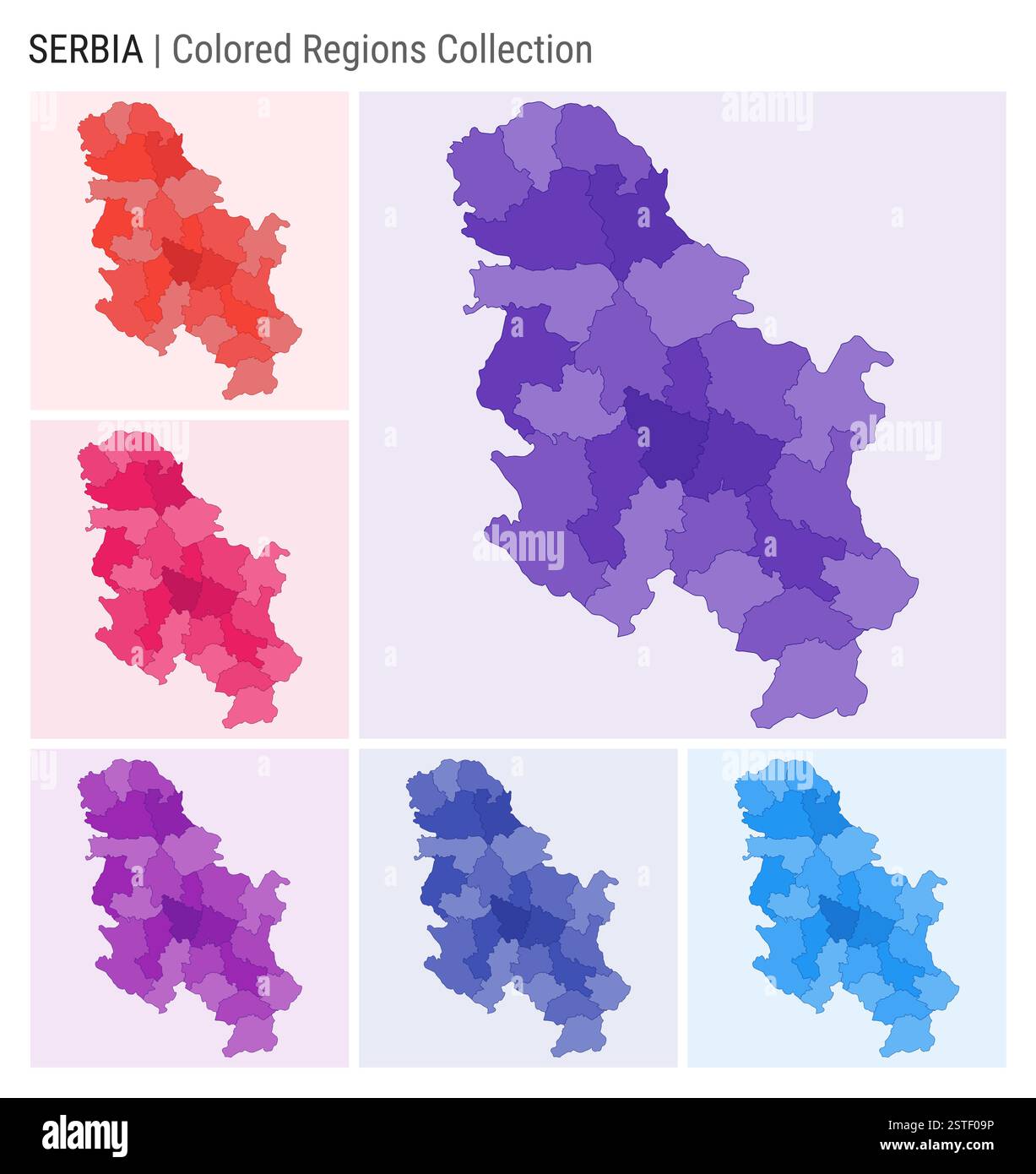 Serbia map collection. Country shape with colored regions. Deep Purple ...