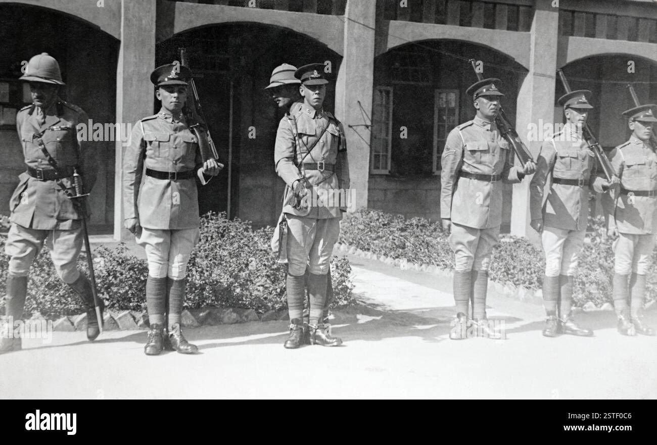 Royal Artillery soldiers at attention as a Brigadier walks past, c ...
