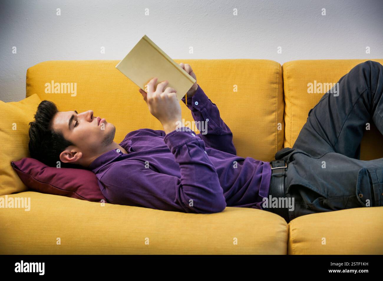 Handsome black haired young man reading book at home Stock Photo - Alamy