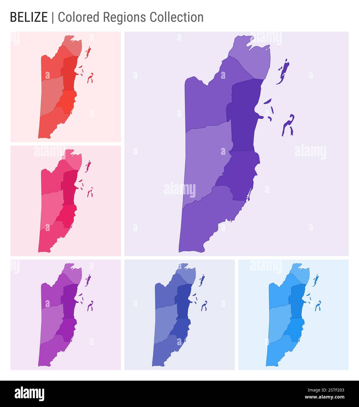 Belize map collection. Country shape with colored regions. Deep Purple ...