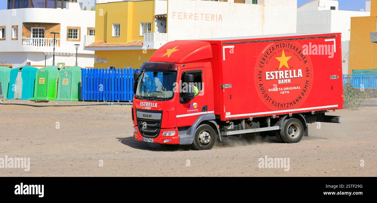 Estrella Damm beer distinctive red lorry, El Cotillo, Oliva ...