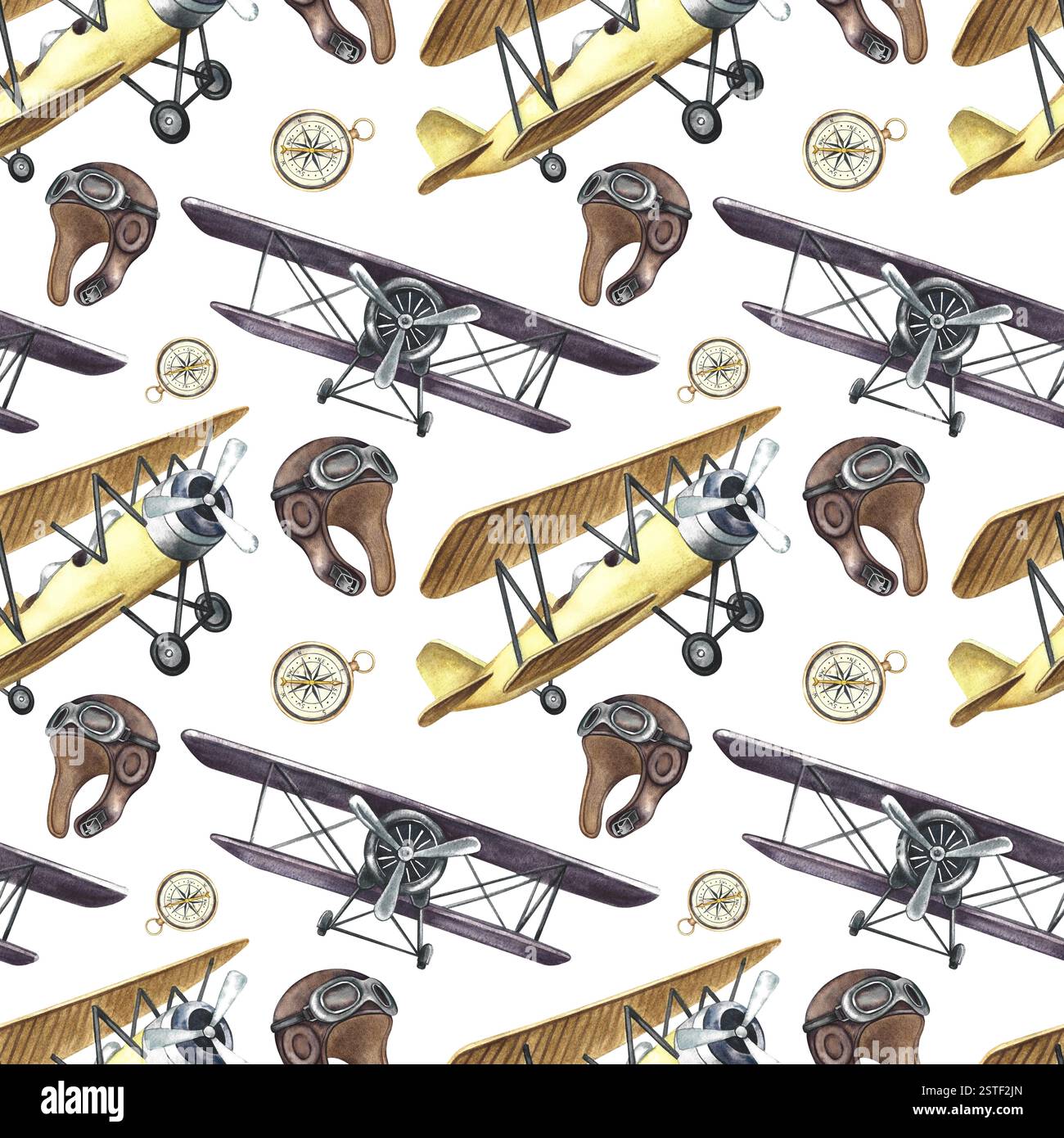 Seamless pattern of retro airplanes, pilot helmets and navigation ...