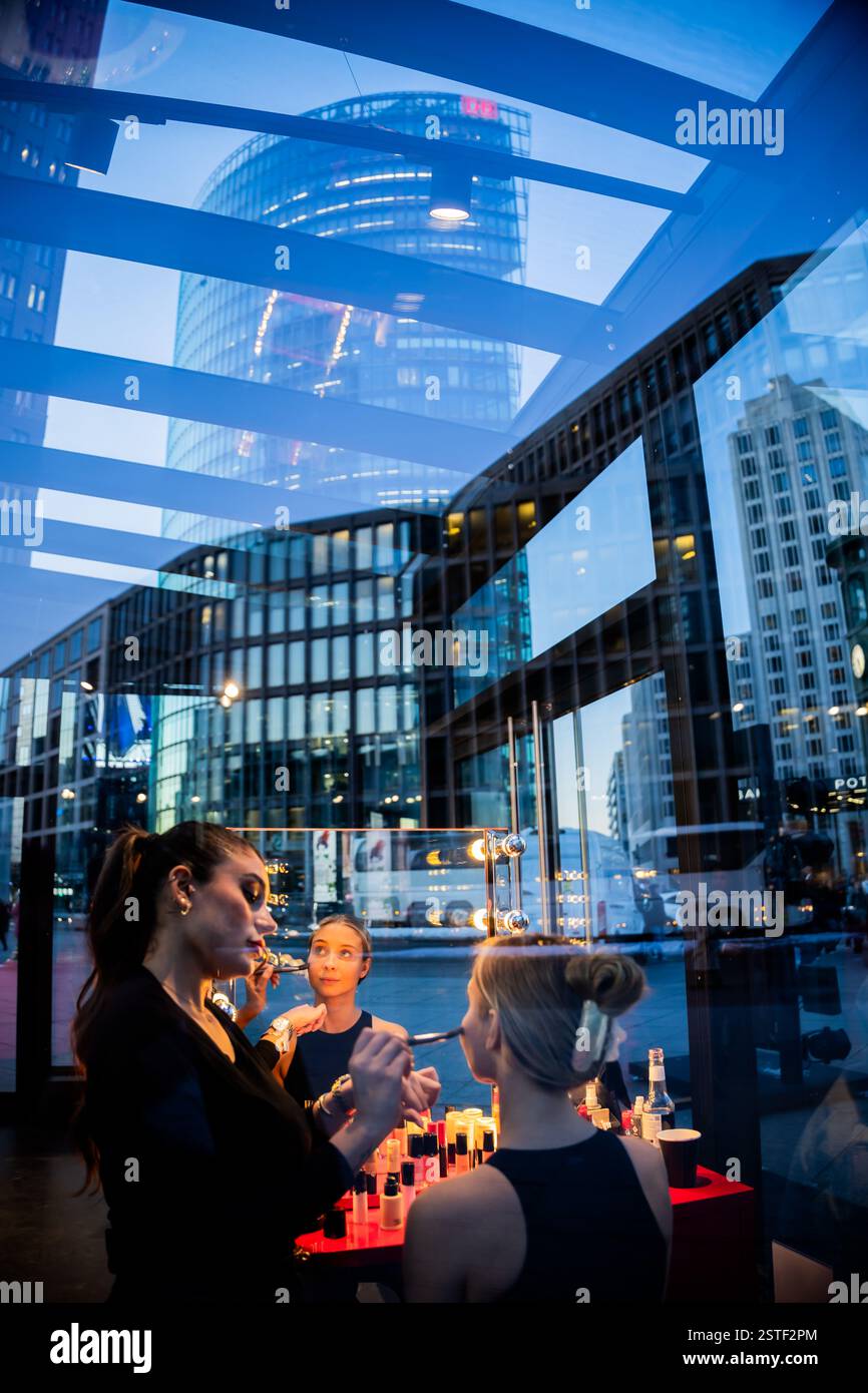 Berlin, Germany. 18th Feb, 2025. Julie Deluz (M), actress, is made up ...