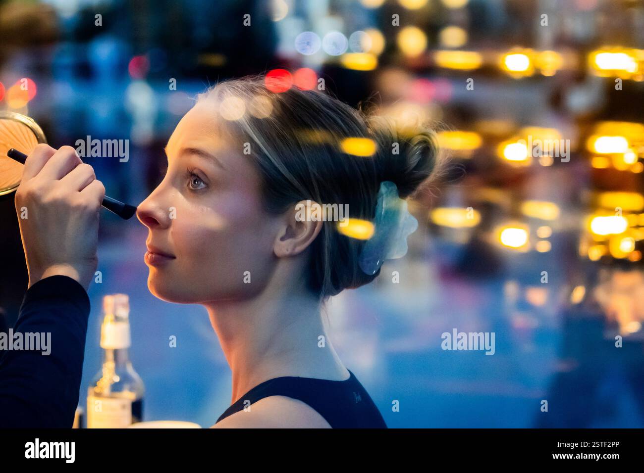 Berlin, Germany. 18th Feb, 2025. Julie Deluz, actress, is being made up ...