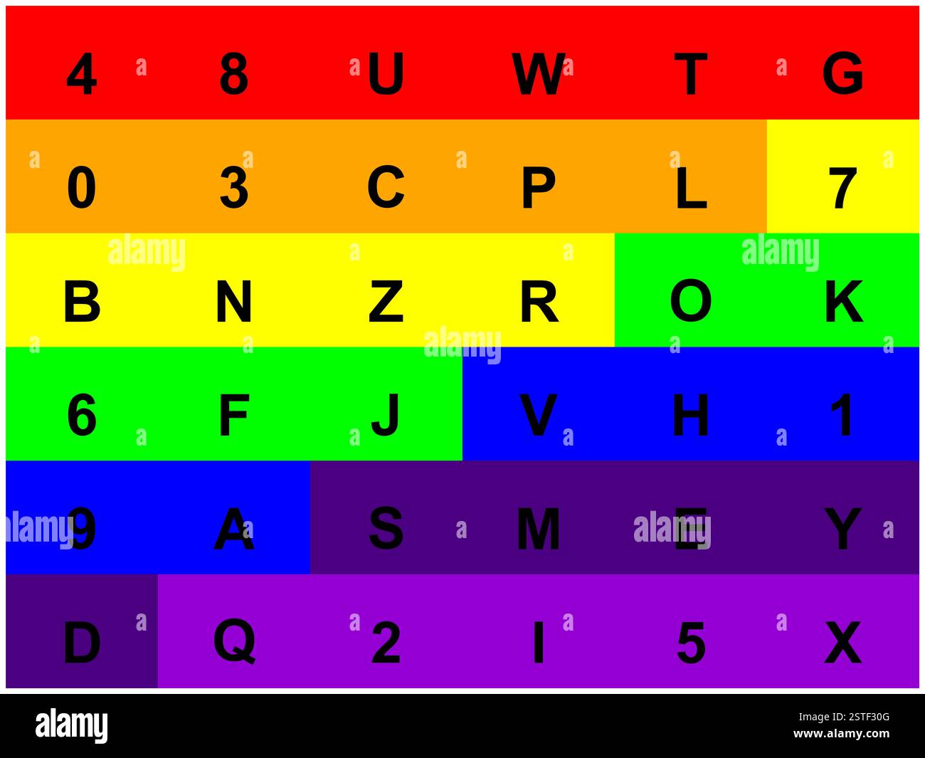colorful grid of 36 rectangles in 6x6 showing letters a to z and ...