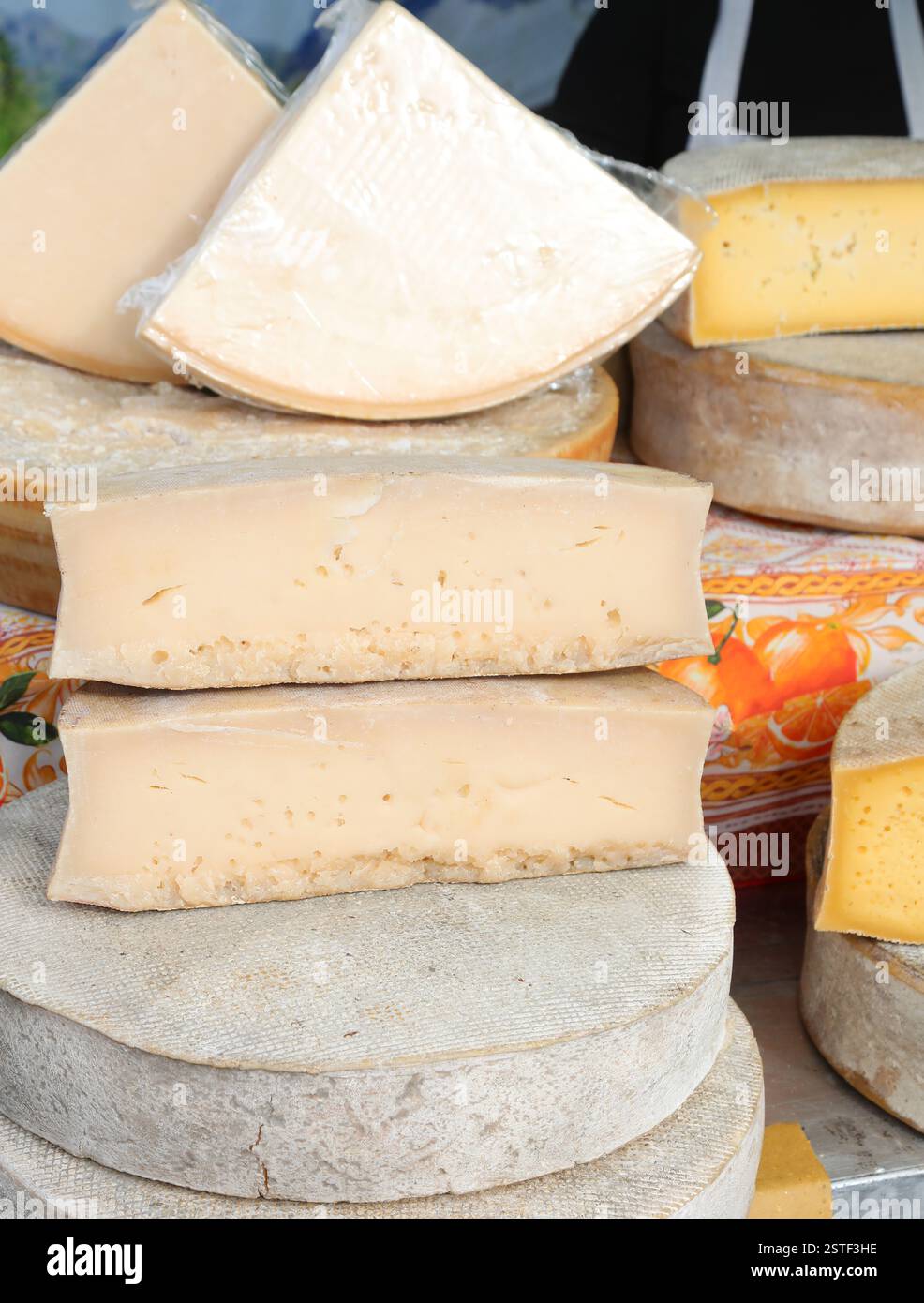 Many forms of aged cheese for sale at the local market stall Stock ...