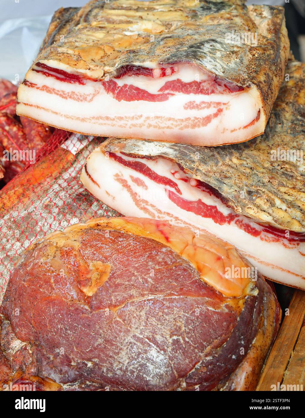 cured pork cheek, typical of southern italy for sale at the stall of ...