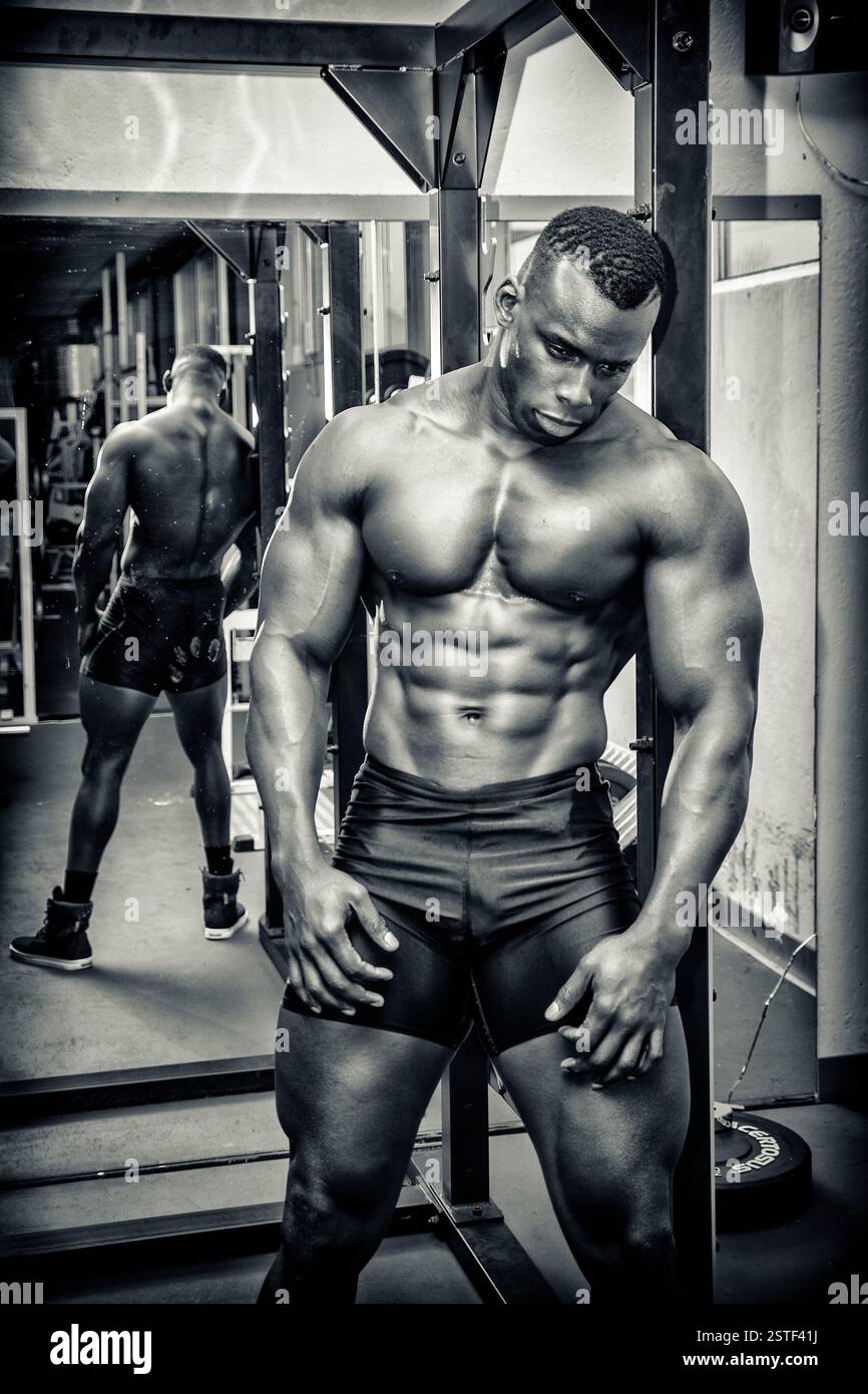 Handsome black male bodybuilder resting after workout in gym hi-res stock photography and images ...