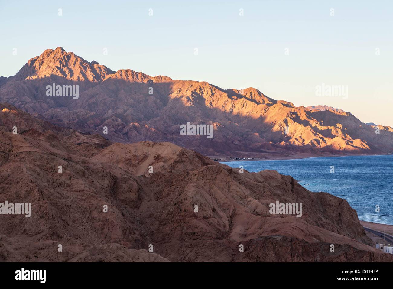 Aerial view of Sinai mountains and Red Sea at sunset. Dahab town, Sinai ...