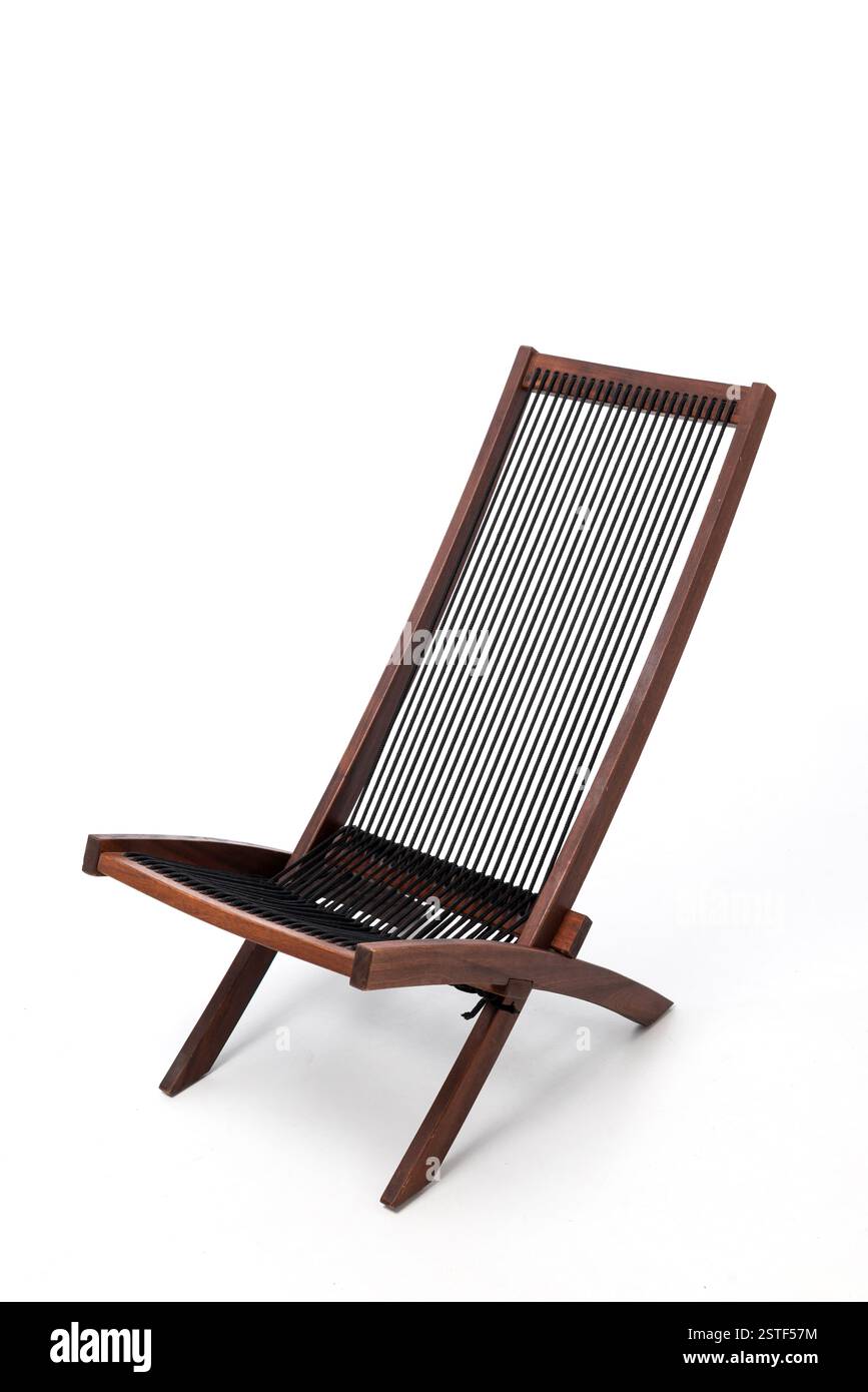 Modern wooden lounge chair with black rope seat, isolated on a white ...