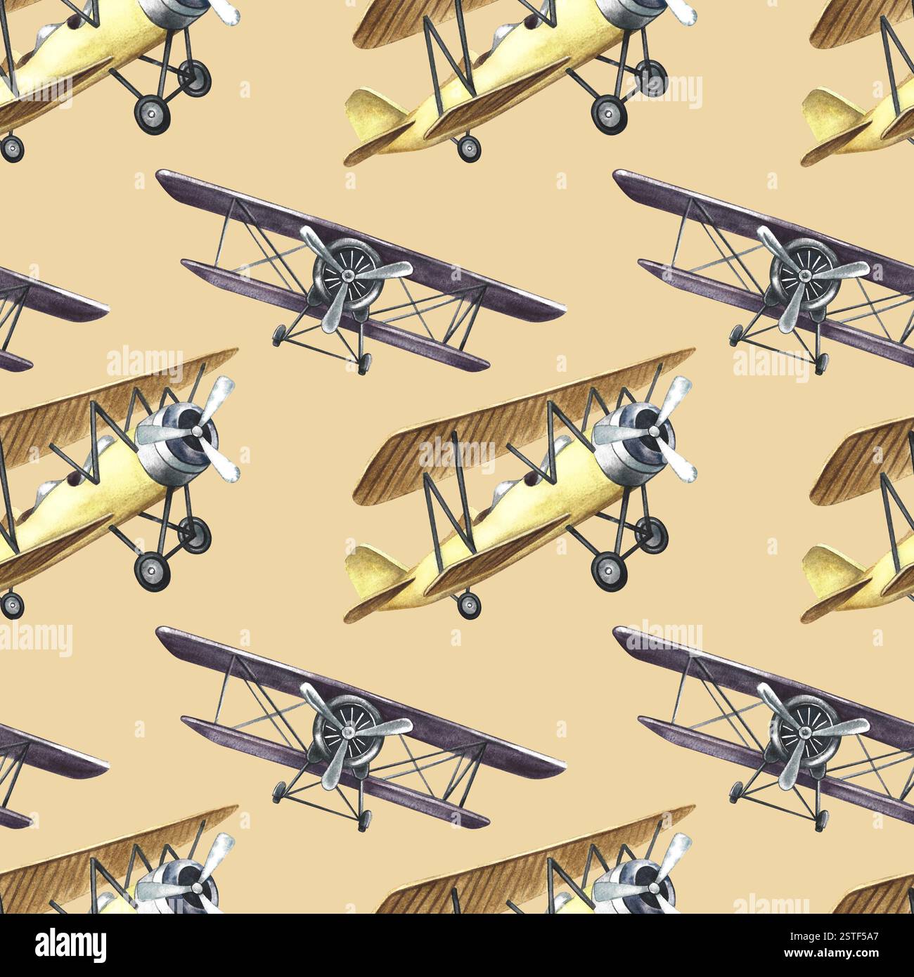 Seamless pattern of retro airplanes. Handmade watercolor illustration ...