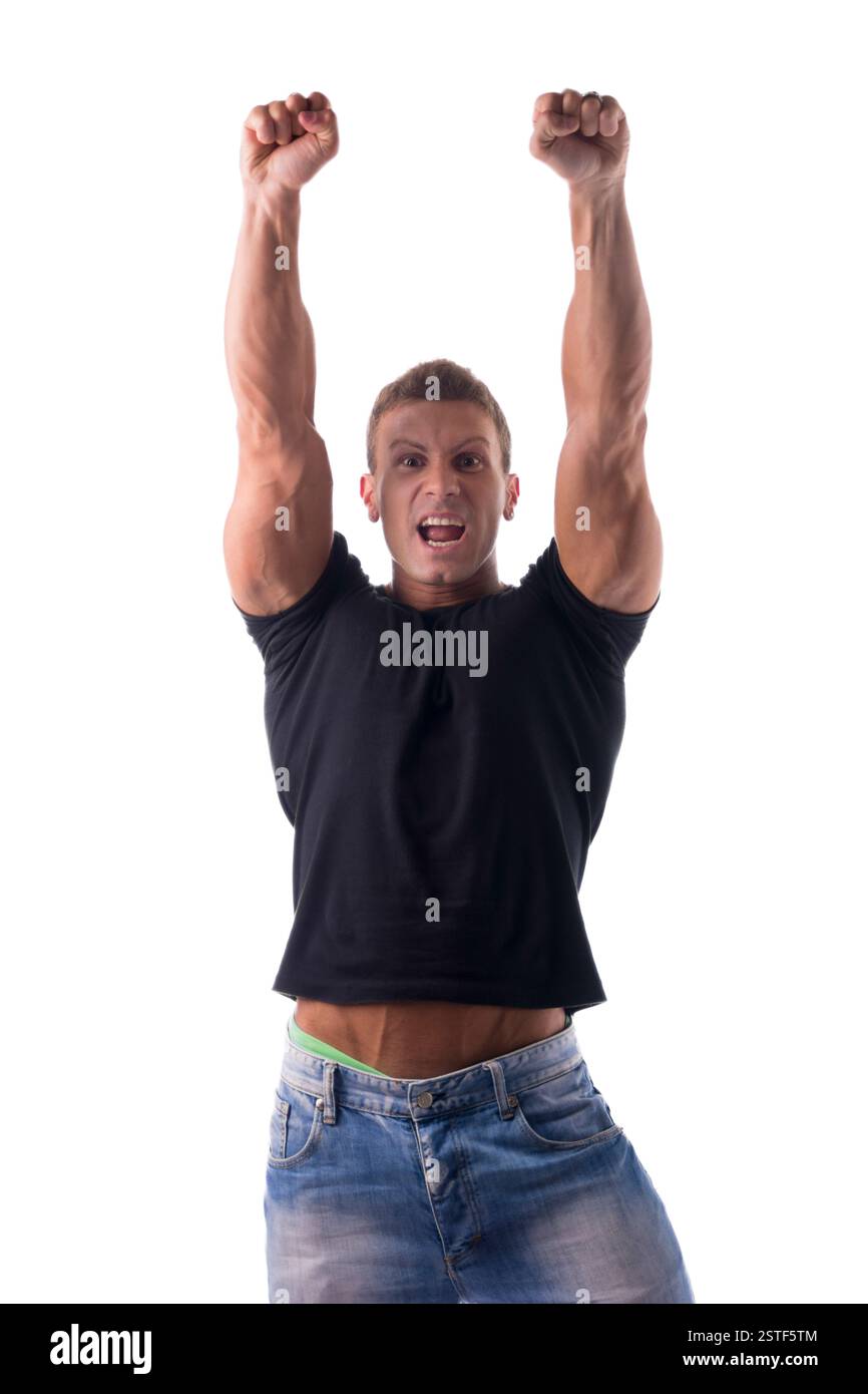 Successful man with fists raised, shouting for joy Stock Photo - Alamy