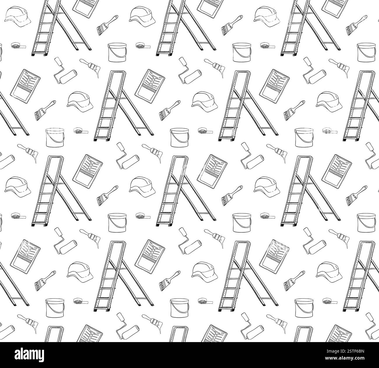 Painter accessories Seamless pattern. Collection of ladder, paint brush ...