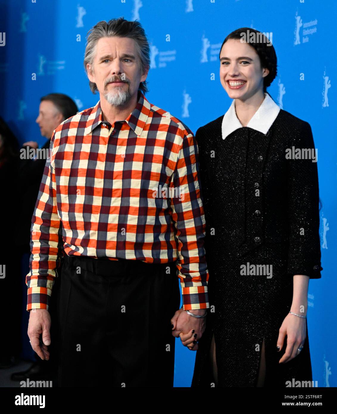 Margaret Qualley, Ethan Hawke poses at the Blue Moon photocall during the 75th Berlinale ...