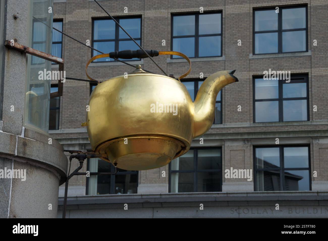 Giant golden teapot building facade. Tourist attraction. Symbol of ...