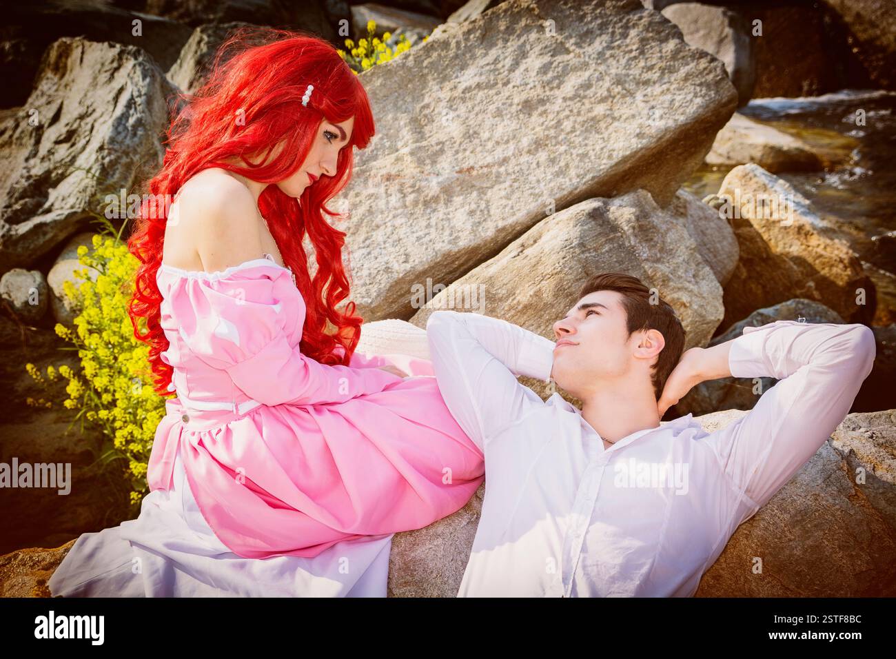 Fairy Tale Couple by a River Looking Dreamy at Each Other Stock Photo ...