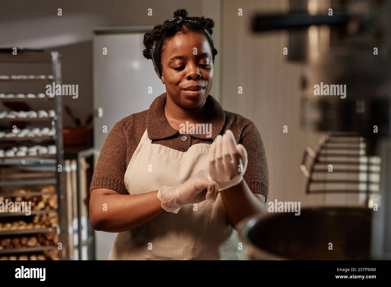 Chest up shot of smiling African American female baker preparing to ...