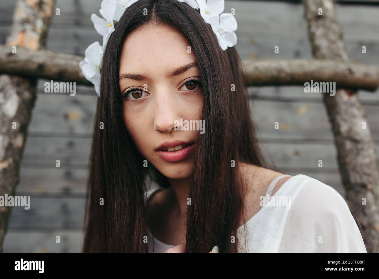 Girl climbing ladder into tree house Stock Photo - Alamy