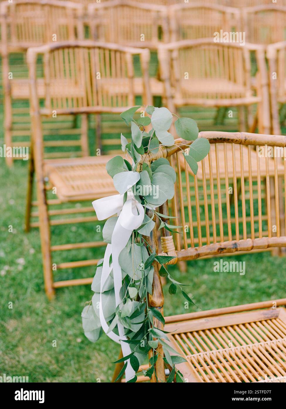Bamboo chairs adorned with eucalyptus and white ribbon create a ...