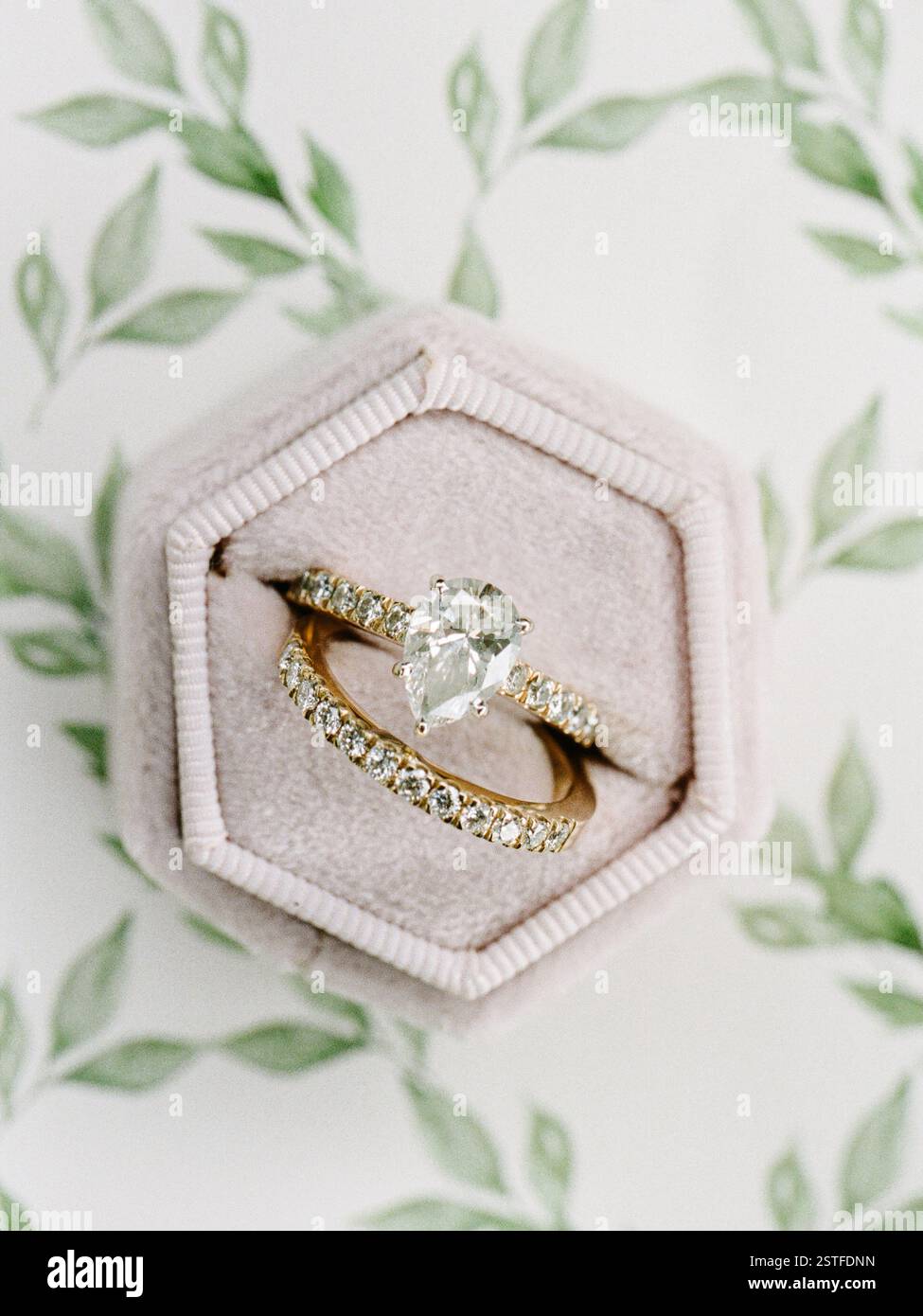 A heart-shaped diamond ring in a delicate box, highlighted by leafy ...