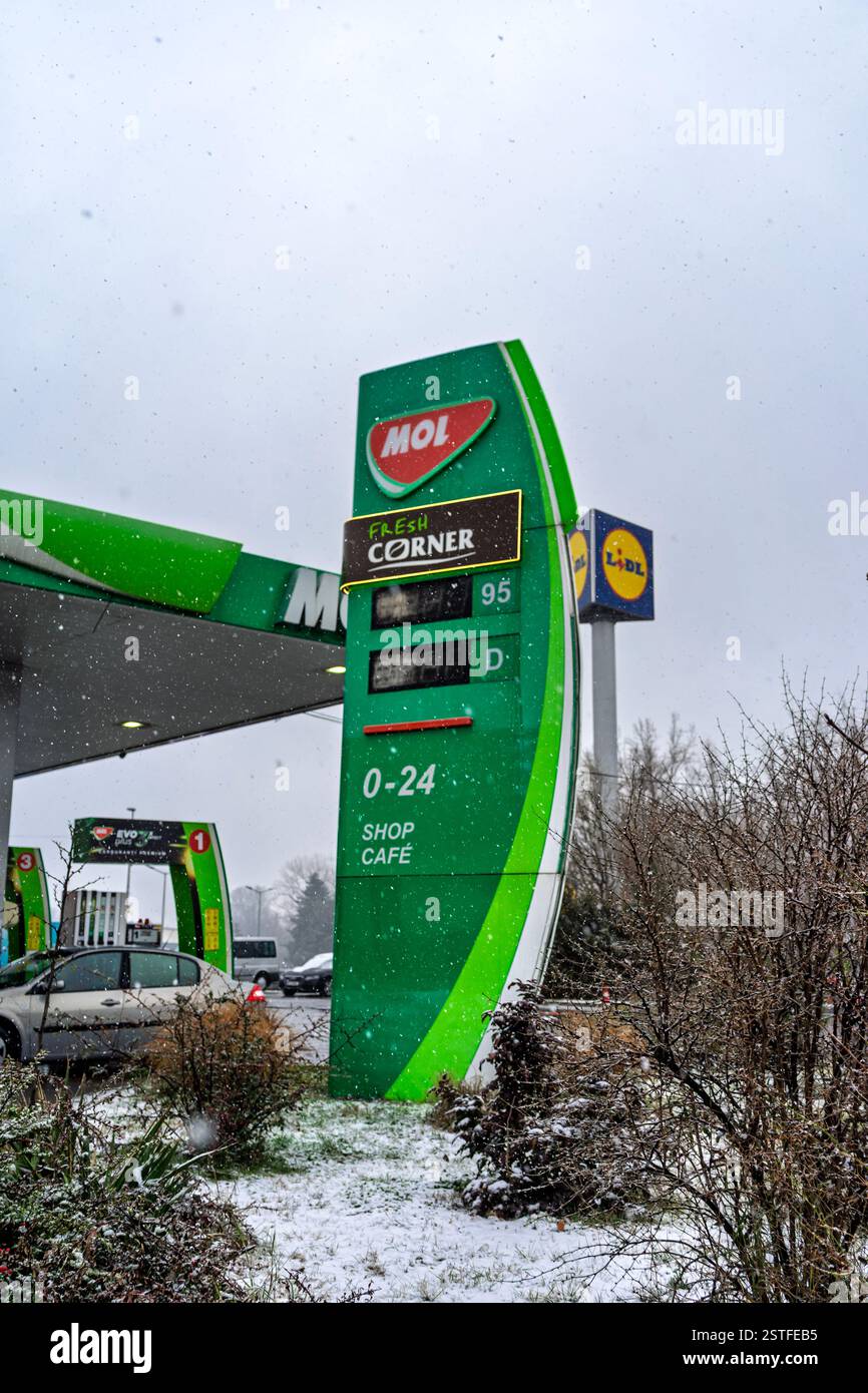 Exterior of an MOL gas station. Gasoline pumps and cars refueling in a ...