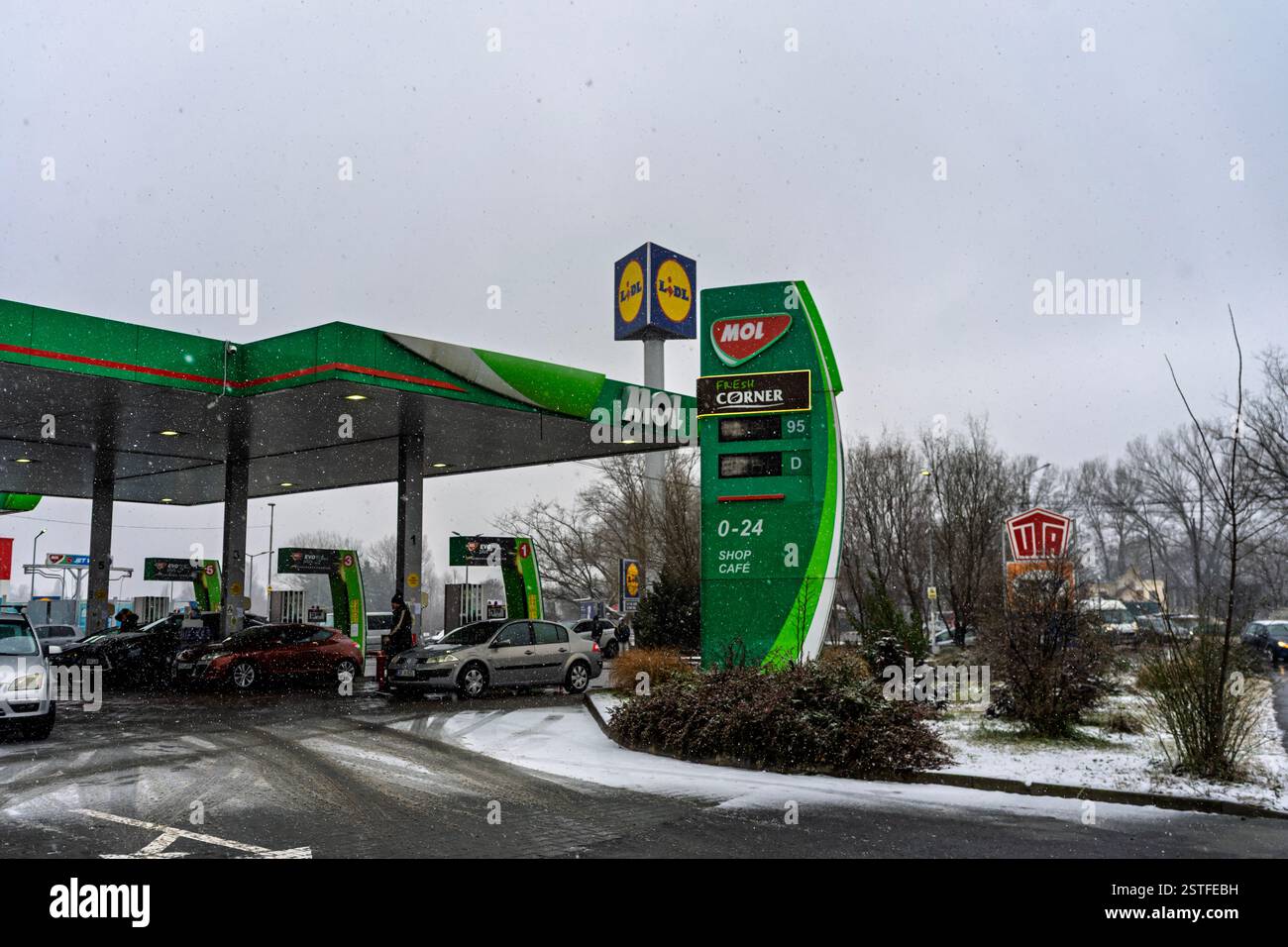 Exterior of an MOL gas station. Gasoline pumps and cars refueling in a ...