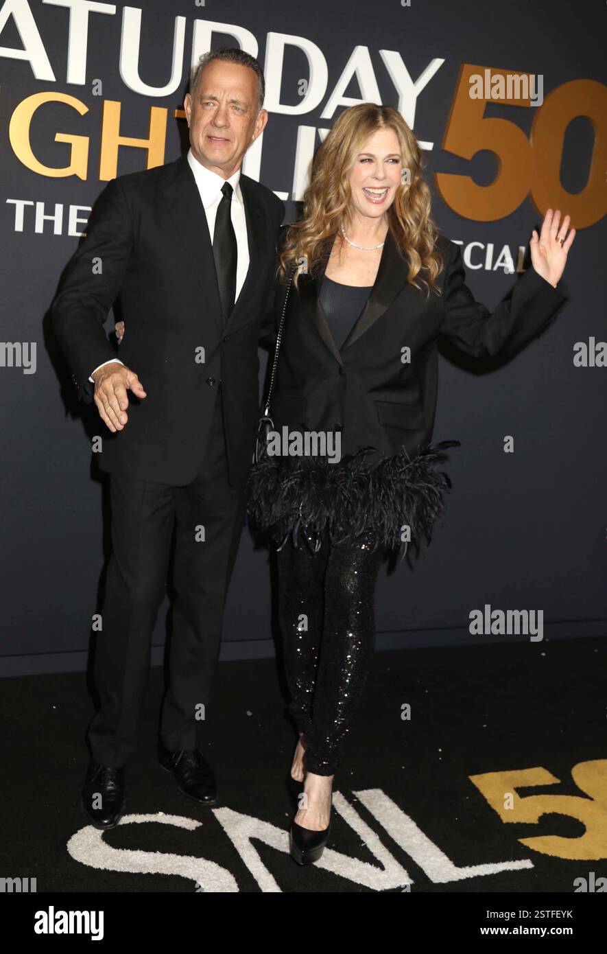 February 16, 2025, New York, New York, USA: Actor TOM HANKS and RITA WILSON seen at the arrivals ...