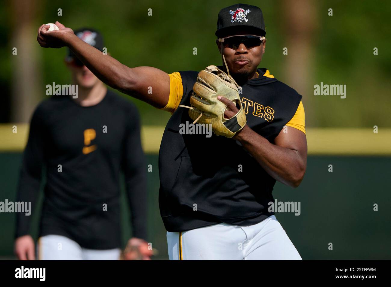 Pittsburgh Pirates infielder Termarr Johnson (81) throws home during an ...