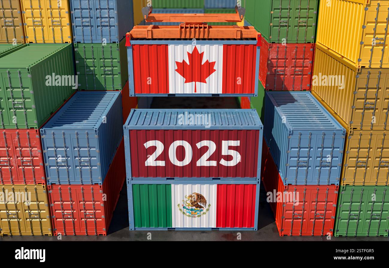 Trading 2025. Cargo Container with Canada and Mexico flag. 3D Rendering ...